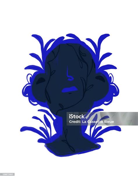 얼굴에 파란색 식물과 꽃 문신검은 얼굴없는 초상화의 그림 단색 색 페인팅 인쇄 및 포스터를 위한 현대적이고 트렌디한 예술 흰색에 격리 0명에 대한 스톡 벡터 아트 및 기타