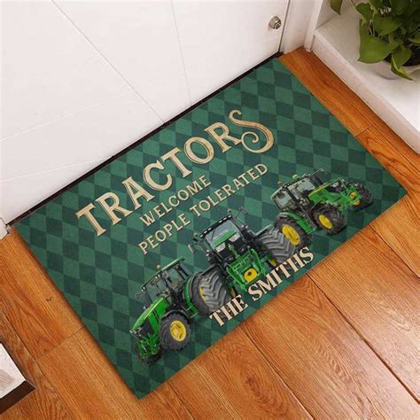 Green Tractor Welcome People Tolerated Doormat Custom Name Farmhouse