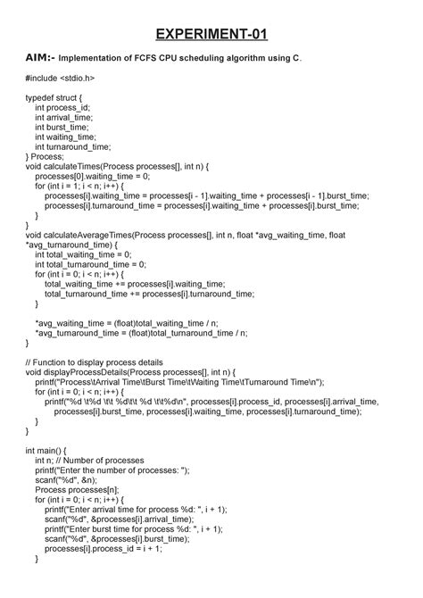 Practical File Os Kcs451 Experiment Aim Implementation Of Fcfs Cpu