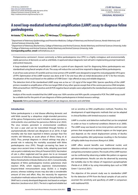 Pdf A Novel Loop Mediated Isothermal Amplification Lamp Assay To Diagnose Feline Panleukopenia