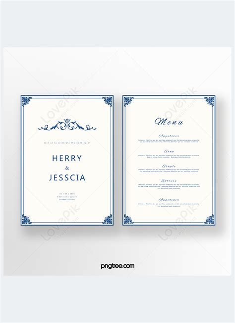 Simple Cobalt Blue European Style Margin Wedding Invitation Template