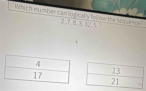 Solved Which Number Can Logically Follow The Sequence 2 7 8 3 32