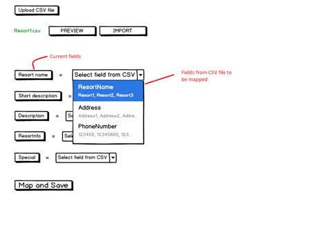 website design mapping of column fields from csv file with currently
