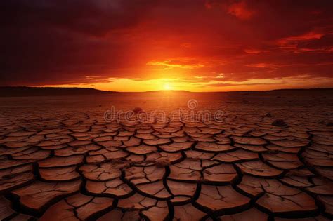Ai Generated Illustration Of A Beautiful Sunset Illuminates A Cracked Earth Field Stock