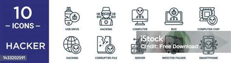 해커 개요 아이콘 세트에는 얇은 라인 Usb 드라이브 컴퓨터 컴퓨터 칩 손상된 파일 감염된 폴더 스마트 폰 보고서 프리젠 테이션 다이어그램 웹 디자인 용 아이콘 해킹이