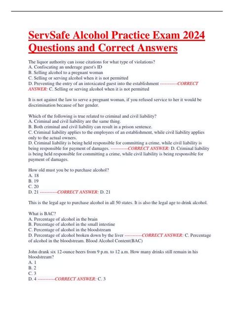 ServSafe Alcohol Practice Exam 2024 Questions And Correct Answers