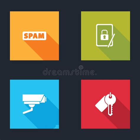 Set Spam Tablet With Closed Padlock Security Camera And Marked Key Icon Vector Stock Vector