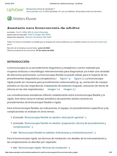 Anesthesia For Adult Bronchoscopy Uptodate Pdf Medicina Clinica