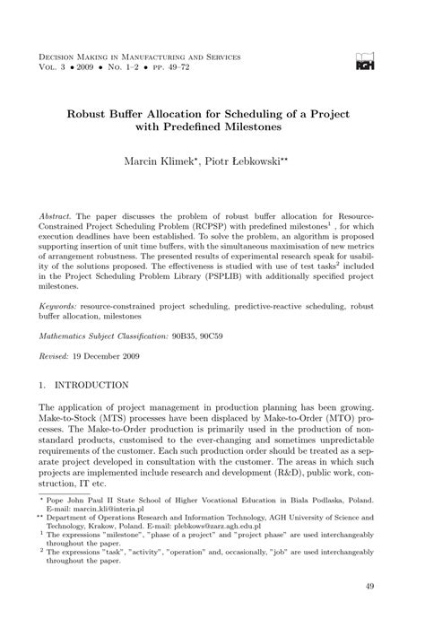 Pdf Robust Buffer Allocation For Scheduling Of A Project With Predefined Milestones