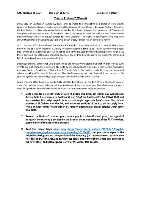 Torts Tutorial Week ANU College Of Law The Law Of Torts Semester Tutorial