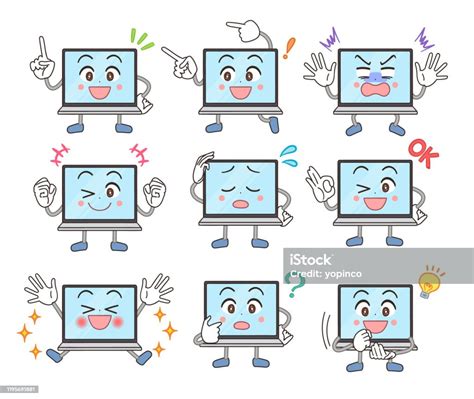 귀엽고 코믹한 노트북 컴퓨터 캐릭터 그는 다양한 표정을 가지고 있다 개체 그룹에 대한 스톡 벡터 아트 및 기타 이미지 개체 그룹 귀여운 노트북 Istock