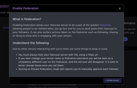 Enable Federation Modal Discuss The Text And Make Sure Its Very Clear · Issue 1594 · Owncast