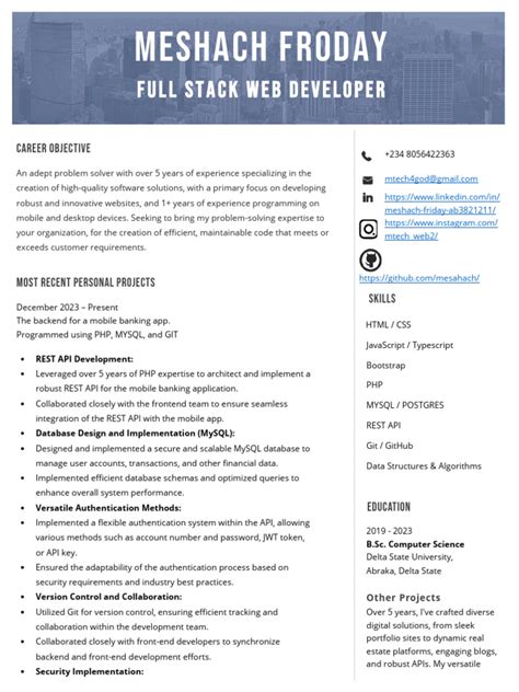Meshach Friday New Php Cv Pdf Databases Application Software