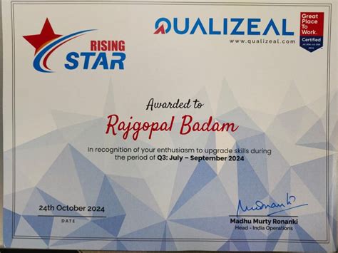 Badam Rajgopal On Linkedin Grateful Risingstaraward Qualizeal Learningjourney Recognition