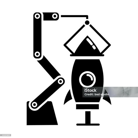 항공 우주 산업 글리프 아이콘입니다 항공 부문 항공기 제조 우주선 건설 로켓 조립 미사일 건물 실루엣 기호입니다 음수 공간입니다 벡터 절연 그림 Launch Party에