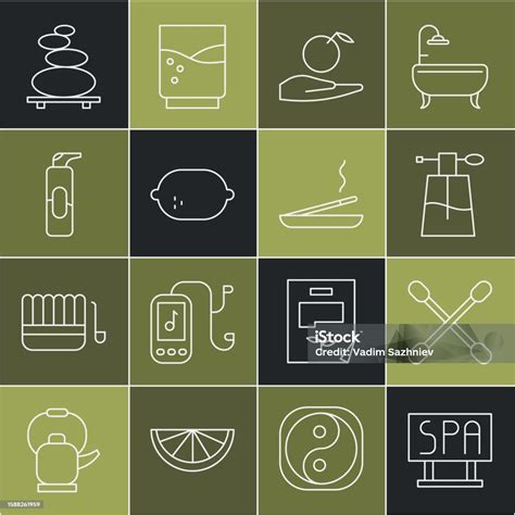 세트 라인 스파 살롱 간판 귀용 면봉 향수 손에 사과 레몬 스프레이 캔 헤어스프레이 스택 핫 스톤 및 향기로운 스파 스틱 아이콘 벡터 감귤류 과일에 대한 스톡 벡터 아트 및