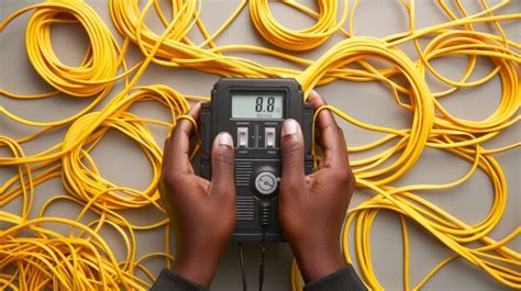 Technician Testing Network Cables With Multimeter In Bright Yellow Coils Premium Ai Generated