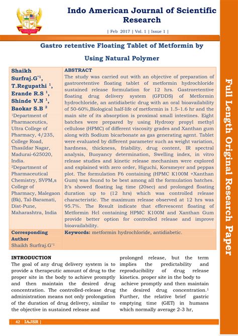 Pdf Gastro Retentive Floating Tablet Of Metformin By Using Natural