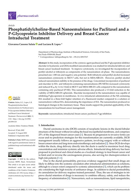 Pdf Phosphatidylcholine Based Nanoemulsions For Paclitaxel And A P
