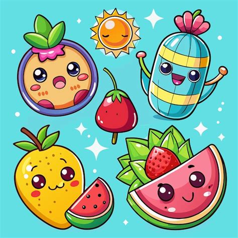 Frutas De Dibujos Animados Y Sol Con Caras Felices Vector Premium