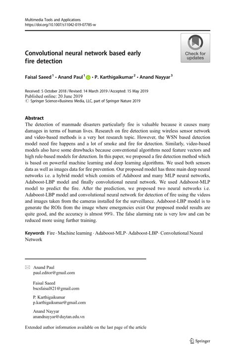 Pdf Convolutional Neural Network Based Early Fire Detection