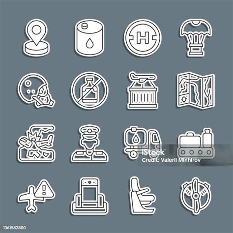 세트 라인 비행기 프로펠러 가방이있는 컨베이어 벨트 세계 여행지도 헬리콥터 착륙 패드 알코올 없음 현대 파일럿 헬멧 위치 및 아이콘 벡터 경계 표지에 대한 스톡 벡터 아트