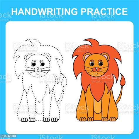 필기 연습 선을 그리고 사자를 색칠하십시오 교육 아이 게임 색칠 공부 시트 인쇄 가능한 워크 시트 벡터 일러스트 레이 션 0명에 대한 스톡 벡터 아트 및 기타 이미지