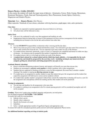 Sylabus Honors Physics 2010 2011 DOC Homework And Study Education