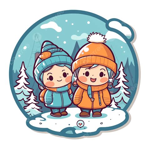 Dos Niños De Dibujos Animados De Invierno De Pie En Un Campo De