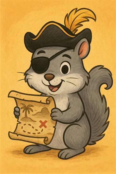A Cute Cartoon Gray Squirrel With An Eye Patch Holding A Treasure Map