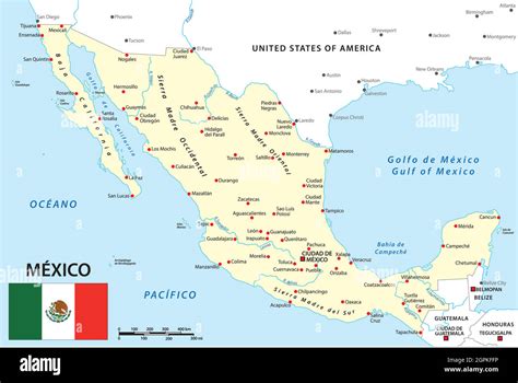 Map Of Mexico With National Borders Main Cities And Rivers Stock