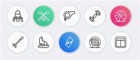 수영 농구 공 중세 화살표 자동차 바퀴 아령 호루라기 스포츠 기계 스코어 보드 및 스케이트 아이콘을위한 라인 오리발을 설정합니다 벡터 건강한 생활방식에 대한 스톡 벡터 아트