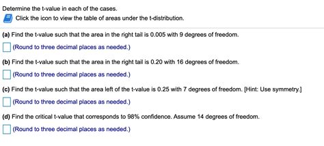 Solved Determine The T Value In Each Of The Cases Click The Chegg Com