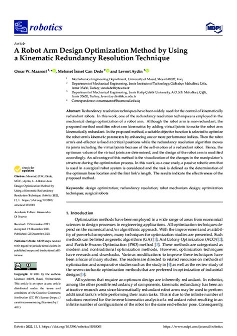 Pdf A Robot Arm Design Optimization Method By Using A Kinematic Redundancy Resolution Technique