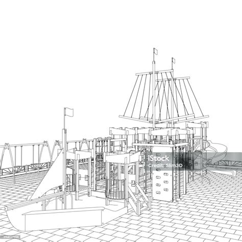 아이들을 위한 놀이터 실루엣 벡터 일러스트 레이 션 흰색 배경에 고립된 공원 스텐실입니다 놀이터 아이들 공원 선 그리기의 손으로