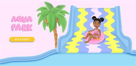 풍선 반지를 타고 소녀와 함께 워터 슬라이드 아쿠아 파크의 벡터 3d 그림 대출 페이지 배너에 대한 워터파크 개념 3차원 형태에 대한 스톡 벡터 아트 및 기타 이미지