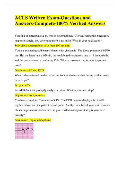 Acls Written Exam Questions And Answers Complete 100 Correct Answers Acls Stuvia Us