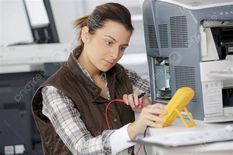 Handywoman Checking Computer With A Multimeter Photo Background And Picture For Free Download