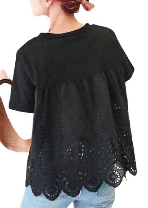 Women Black O Neck Hollow Out Cotton T Shirt Short Sleeve