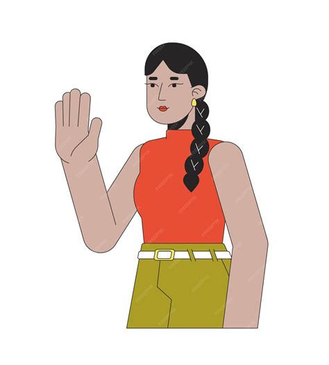 긴 ⁇ 니를 가진 예쁜 인도 여성 2d 선형 만화 캐릭터 남아시아 여자가 안 ⁇ 하세요 고립된 선 ⁇ 터 사람 ⁇ 배경 손을 멈춰 긍정적 인 인사 색상 평평한 점 일러스트