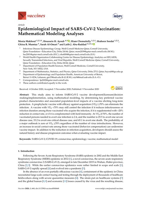 Pdf Epidemiological Impact Of Sars Cov 2 Vaccination Mathematical Modeling Analyses
