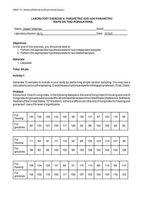 Lab 4 Parametric And Non Parametric Tests On Two Populations Amat 131 Statistical Methods And