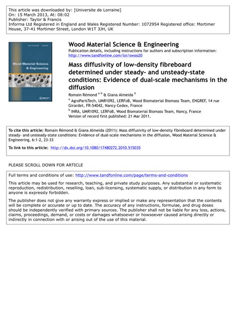 Pdf Mass Diffusivity Of Low Density Fibreboard Determined Under Steady And Unsteady State