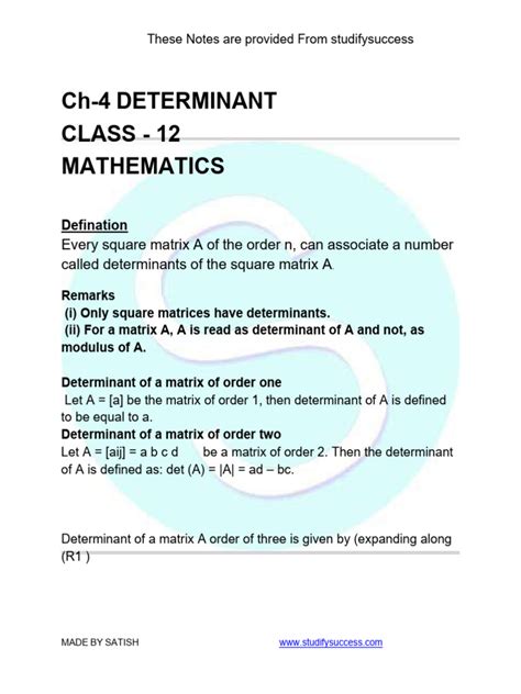 Class 12 Maths Ch 4 Notes Pdf Determinant Matrix Mathematics