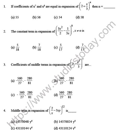 Jee Mathematics Binomial Theorem Mcqs Set A With Answers