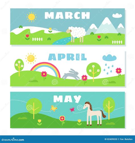 Sistema De Flashcards Del Calendario De Los Meses De La Primavera Stock De Ilustración