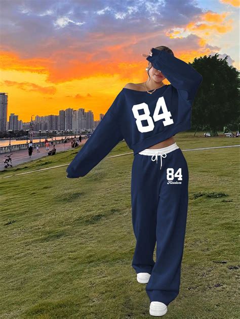 2개 여성 비대칭 칼라 숫자 프린트 긴팔 탑과 바지 캐주얼 세트 봄 And 가을 Clothes For Women Casual Sets Women Clothes Sale