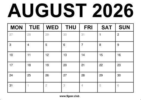 August 2026 Calendar Printable Monday Start Printable Calendars