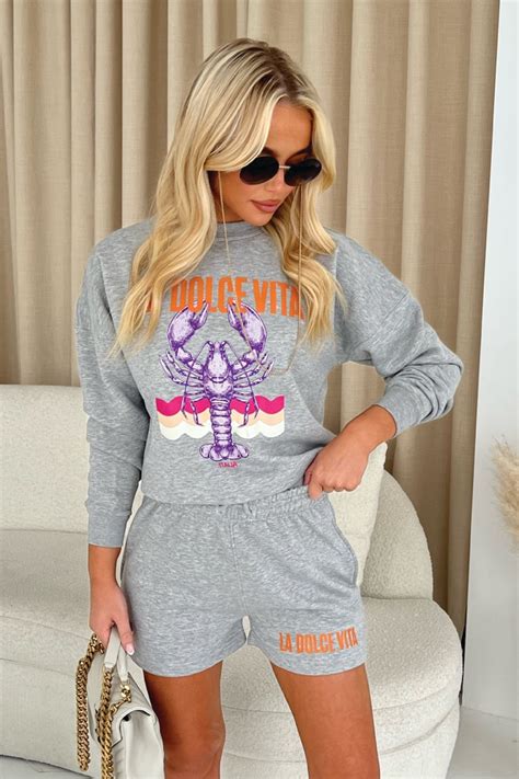 La Dolce Vita Printed Melange Grey Premium Sweater Short Loungewear Se