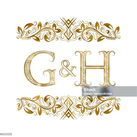 G와 H 빈티지 이니셜 기호입니다 글자 장식 요소에 의해 포위 된다 결혼식 또는 로얄 스타일에서 비즈니스 파트너 모노 그램입니다 고풍스런에 대한 스톡 벡터 아트 및 기타